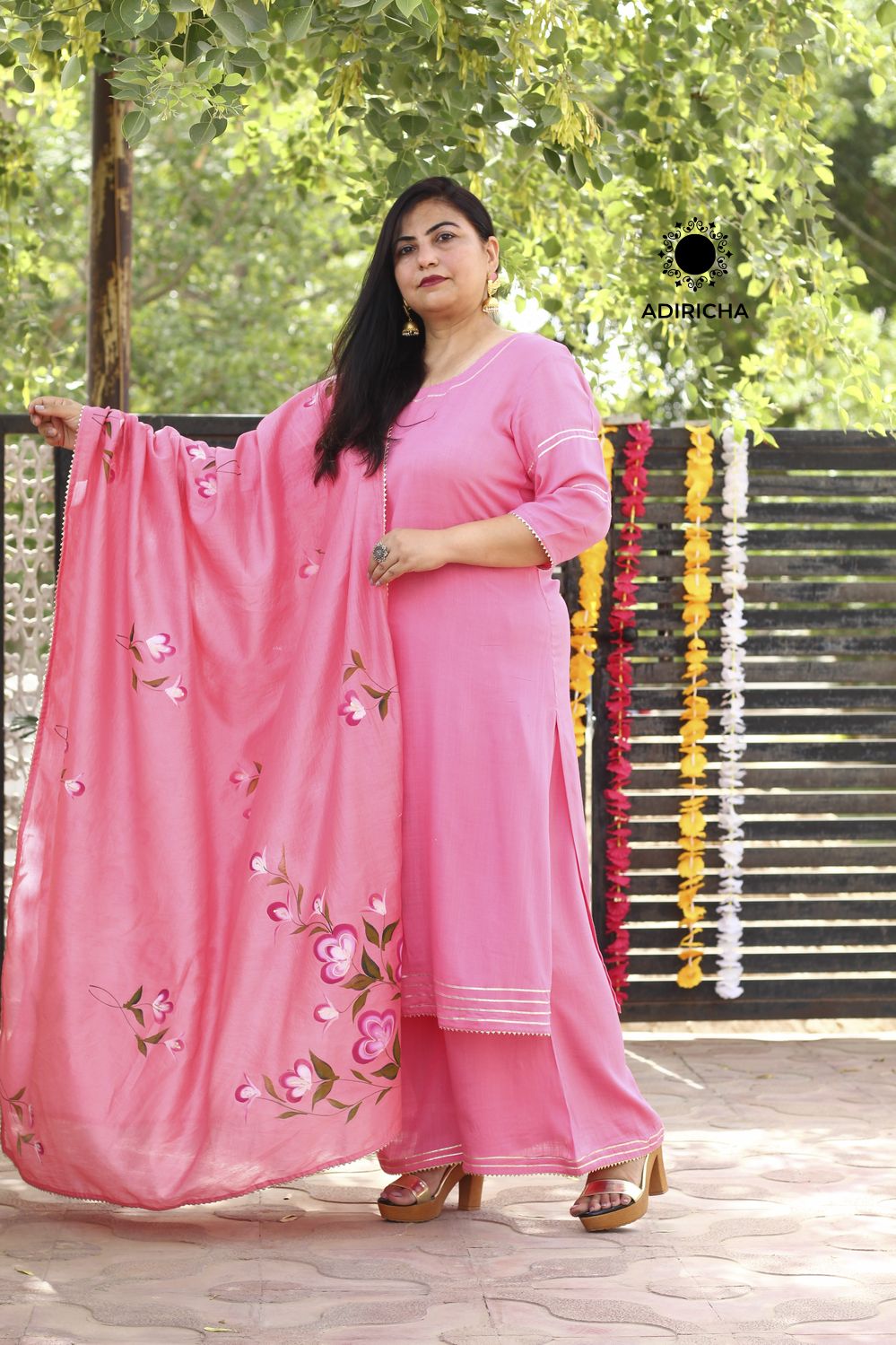 Shop Now Pink Hand Painted Dupatta Set - ADIRICHA