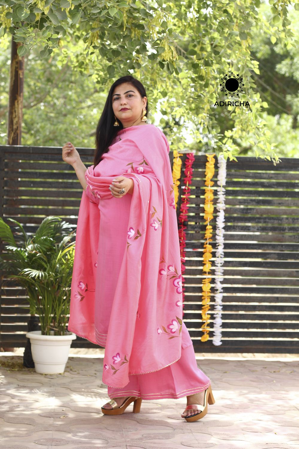 Shop Now Pink Hand Painted Dupatta Set - ADIRICHA