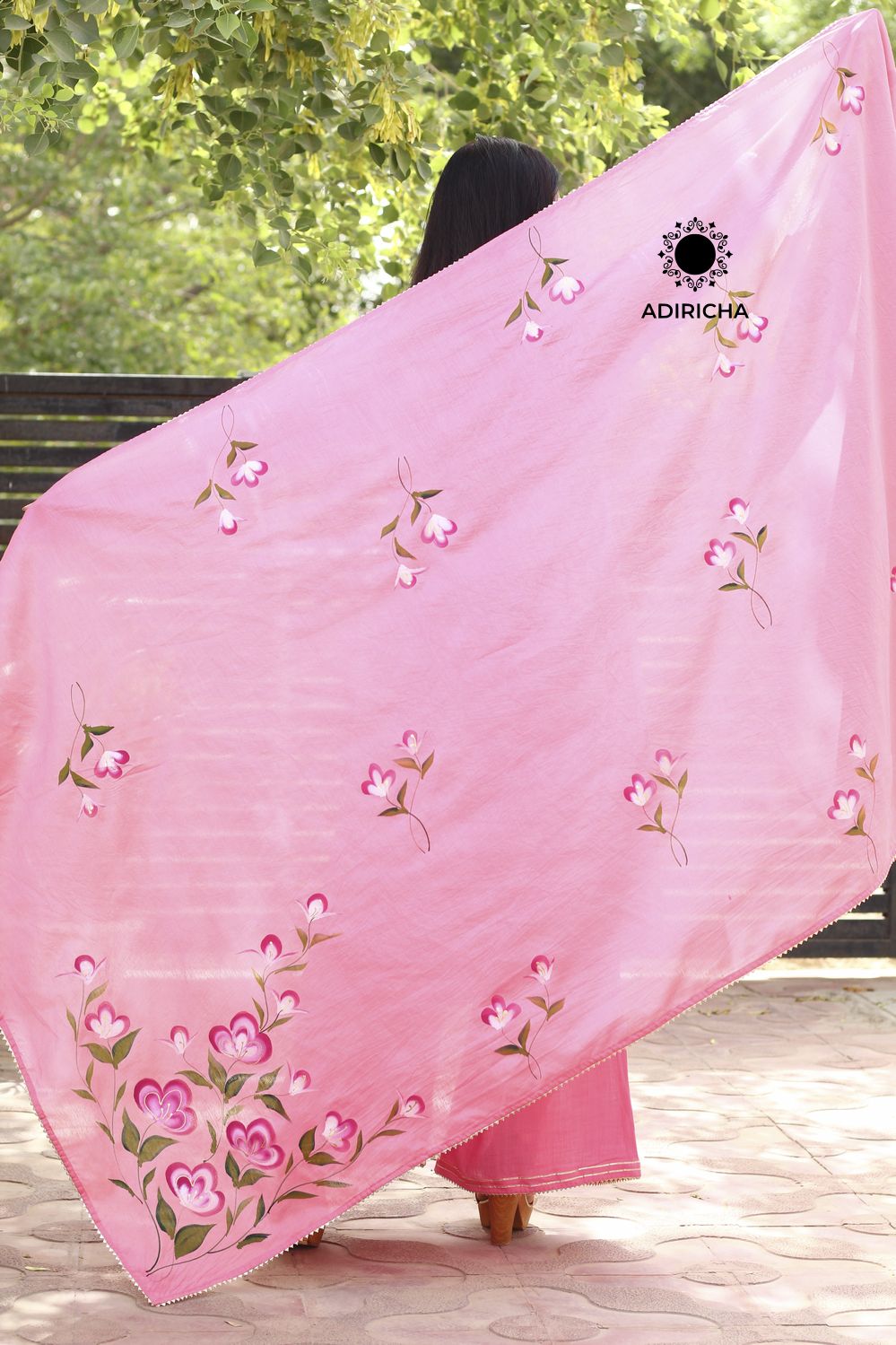 Shop Now Pink Hand Painted Dupatta Set - ADIRICHA