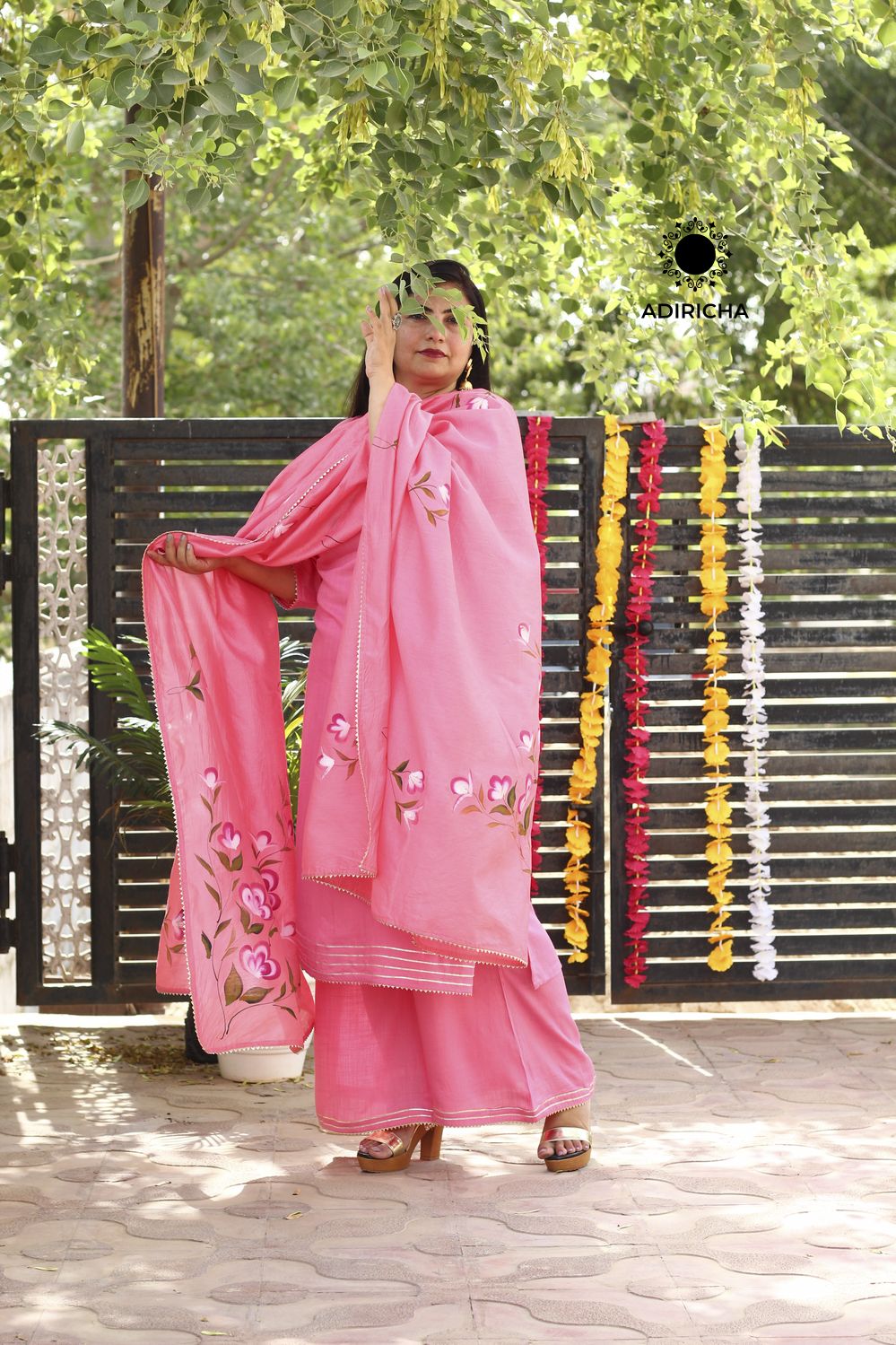 Shop Now Pink Hand Painted Dupatta Set - ADIRICHA
