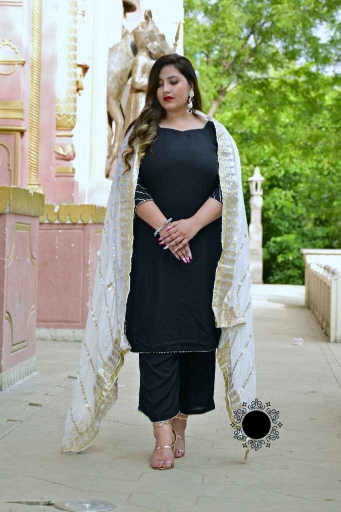 Shop Now Plus Size Black Suit White Gotapatti Dupatta Set