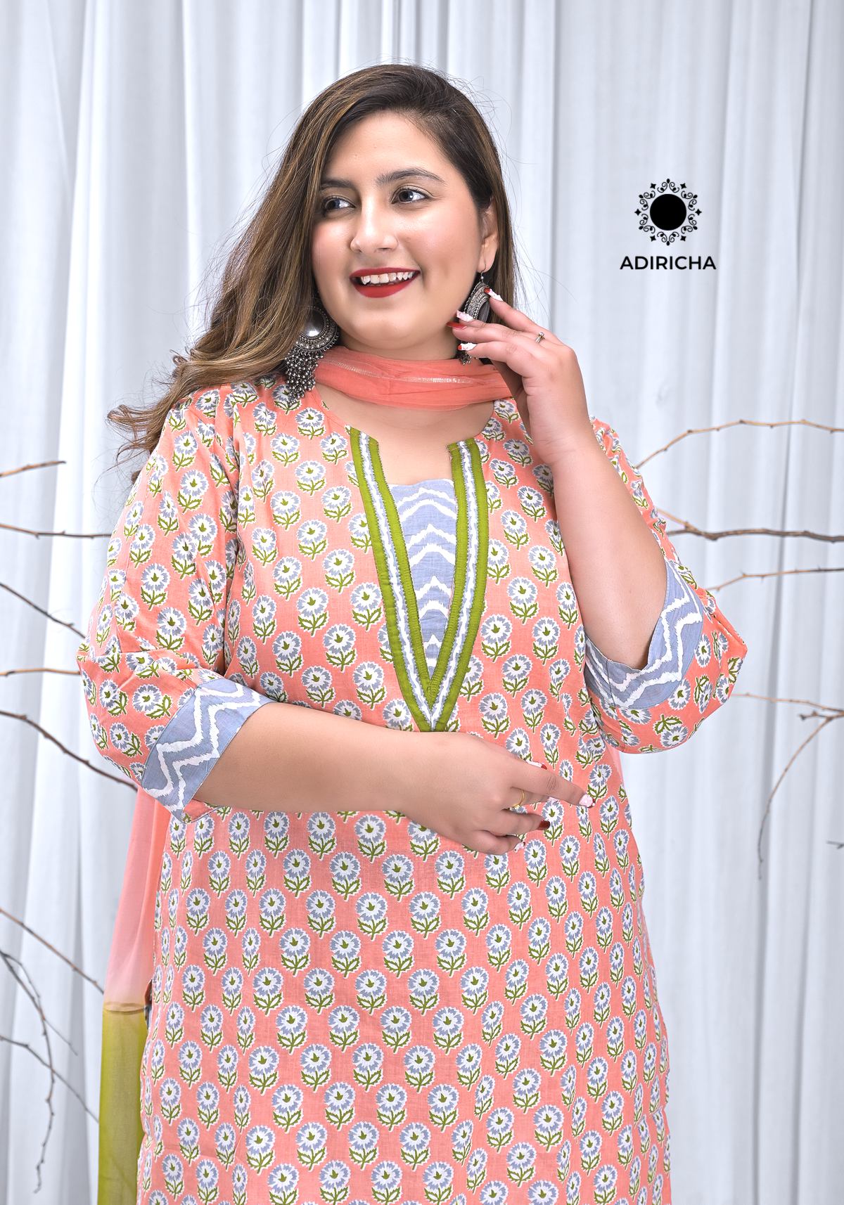 Shop Now Plus Size Peach Kurta Dupatta Set - ADIRICHA