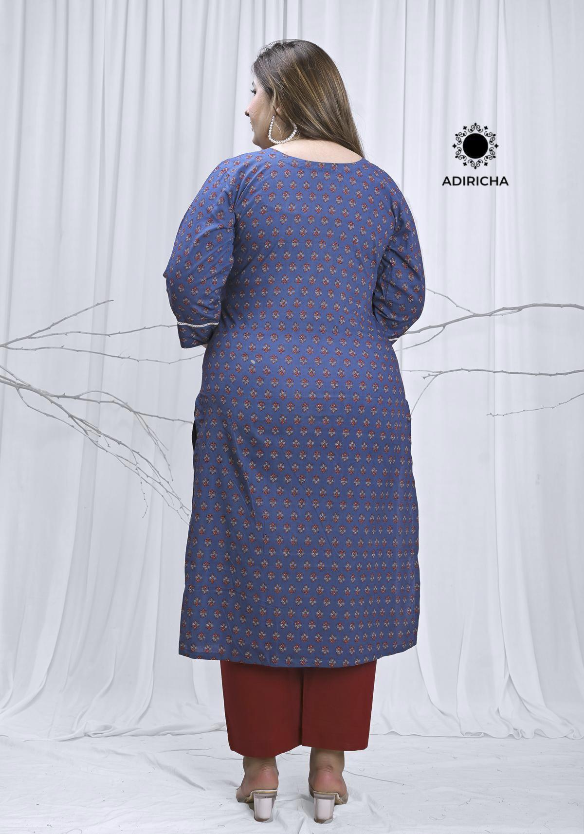 Shop Now Plus Size Blue Butti Kurta Palazzo & Dupatta Set - ADIRICHA