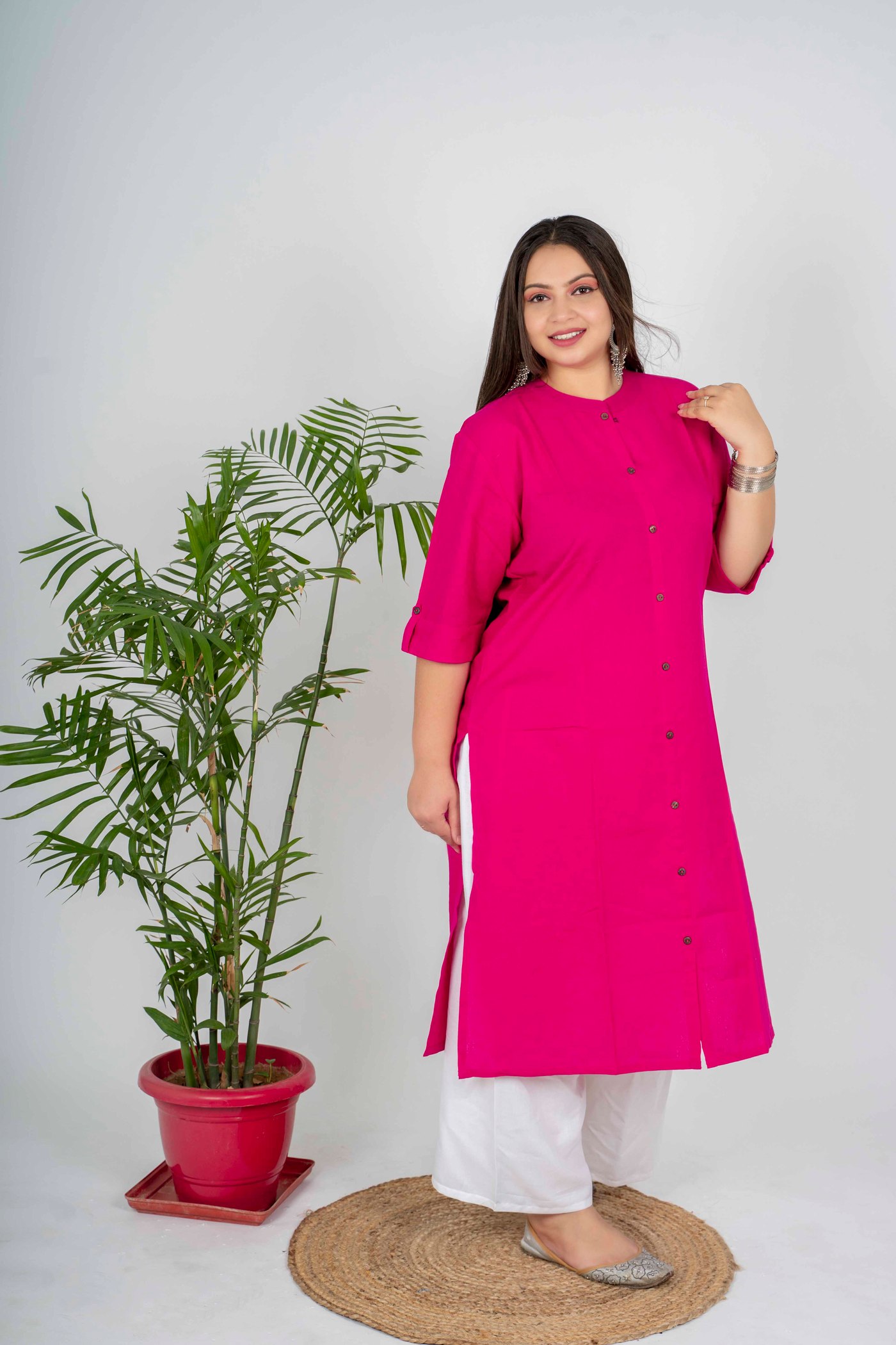 Shop Now Plus Size Rani Pink Solid Cotton Kurta - ADIRICHA