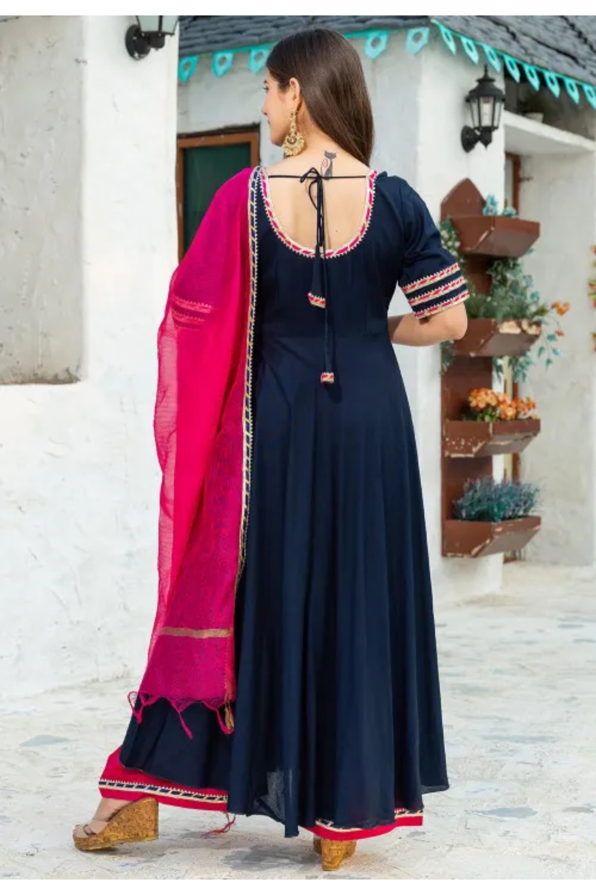 Shop Now Plus Size Navy Rani Gota Anarkali Dress - ADIRICHA