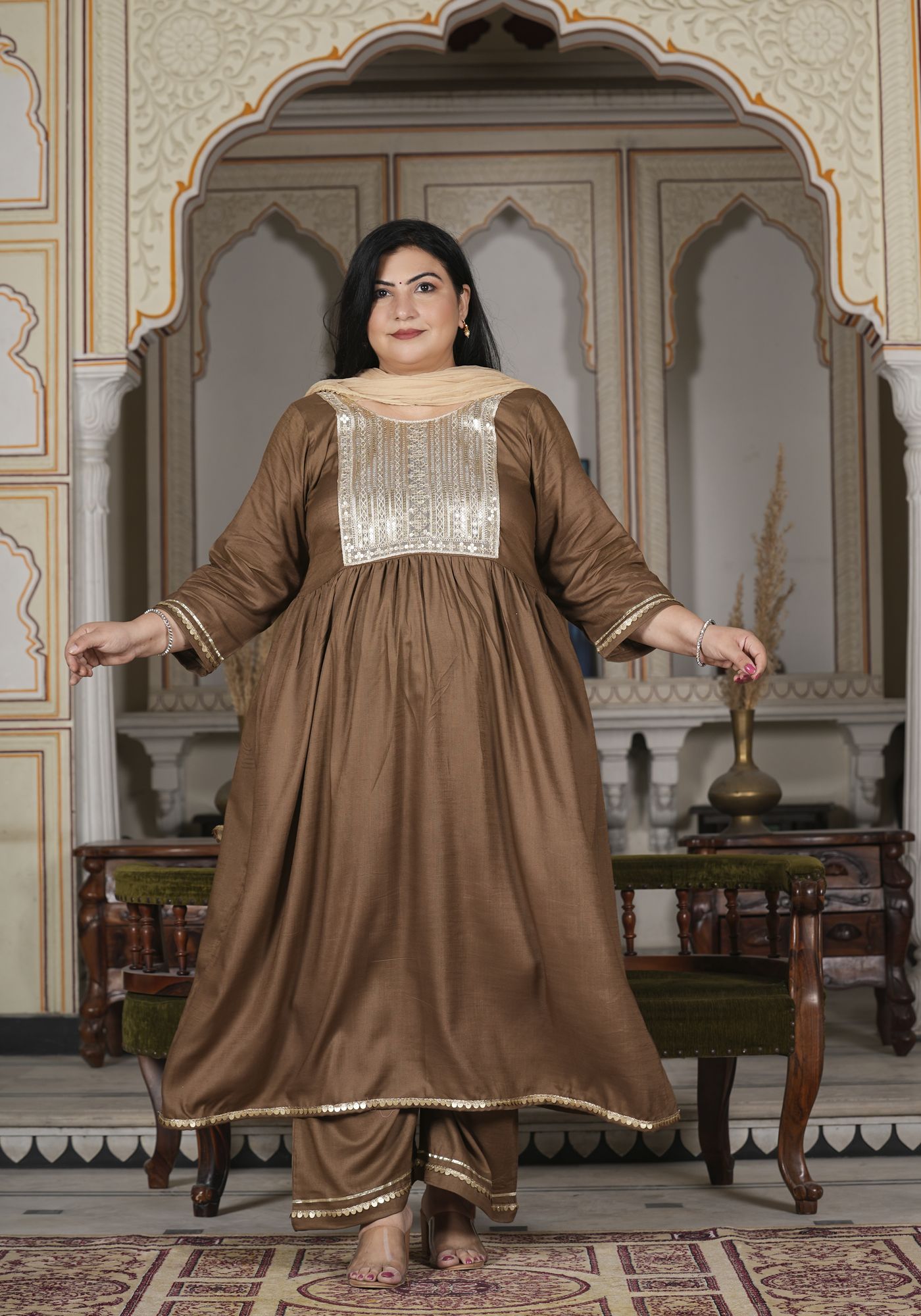 Shop Now Brown Zari Yoke Designer Dress - ADIRICHA