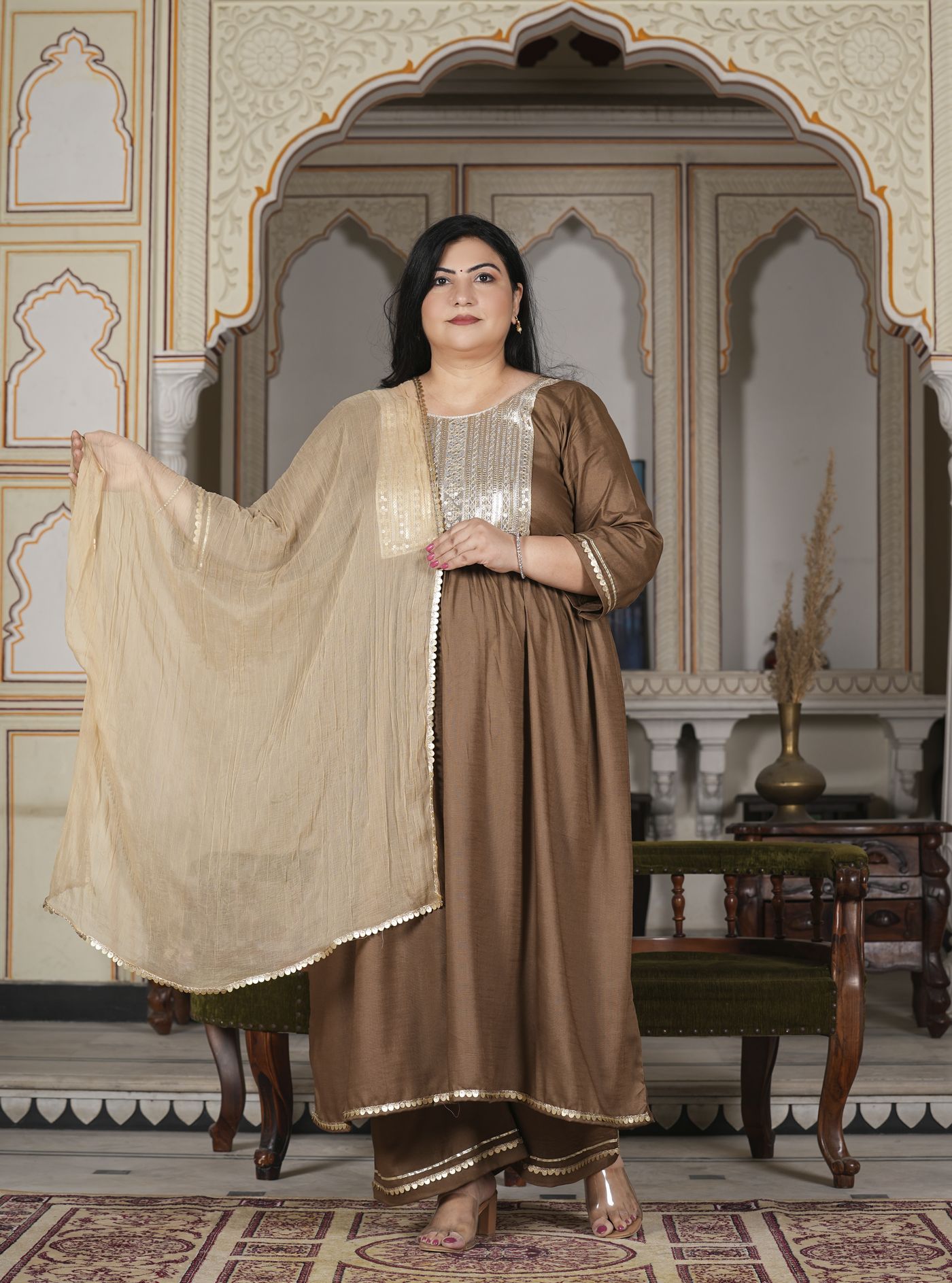 Shop Now Brown Zari Yoke Designer Dress - ADIRICHA