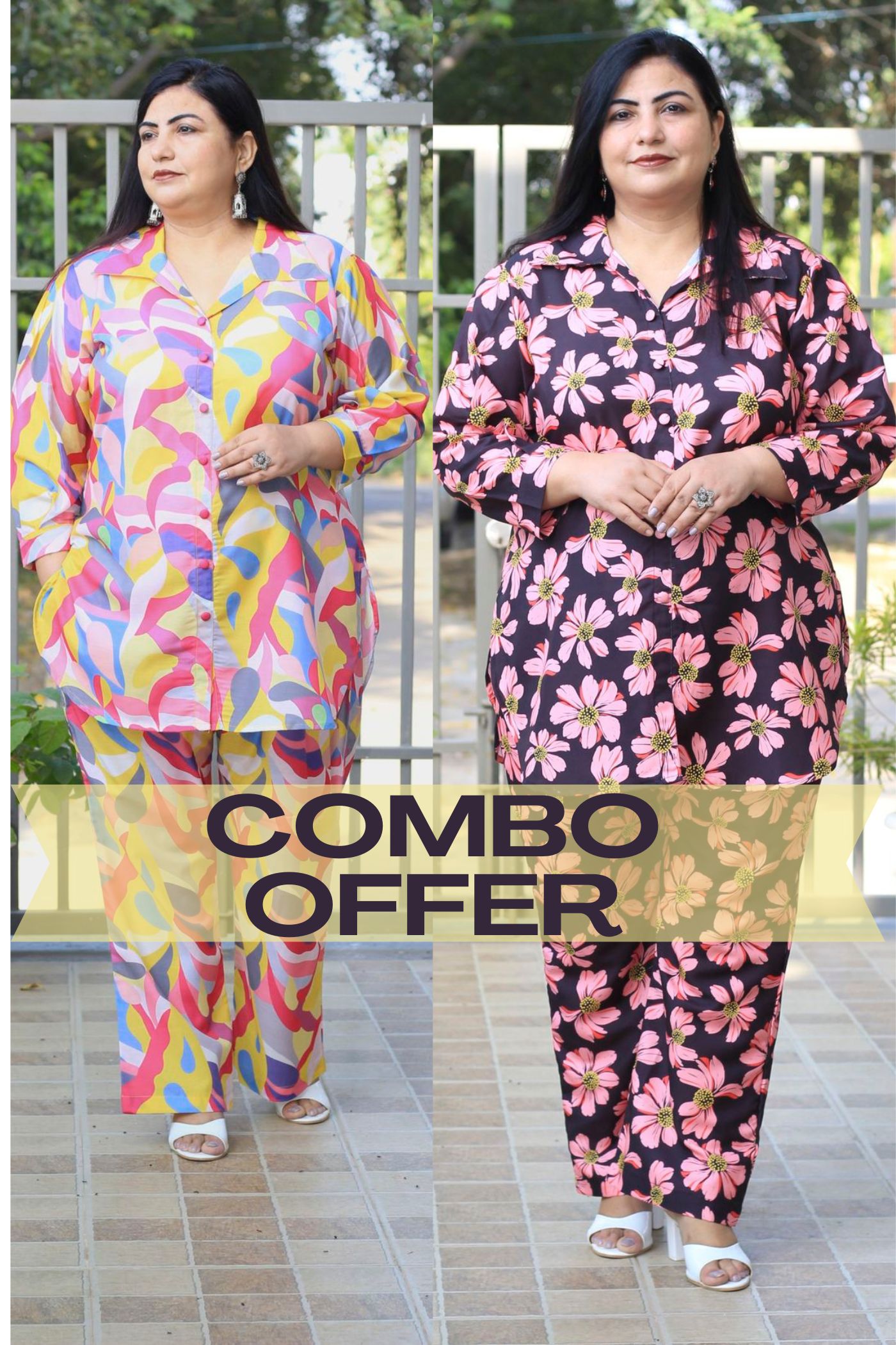 Shop Now Multi Color & Black Floral Muslin Silk Co-Ord Set Combo - ADIRICHA