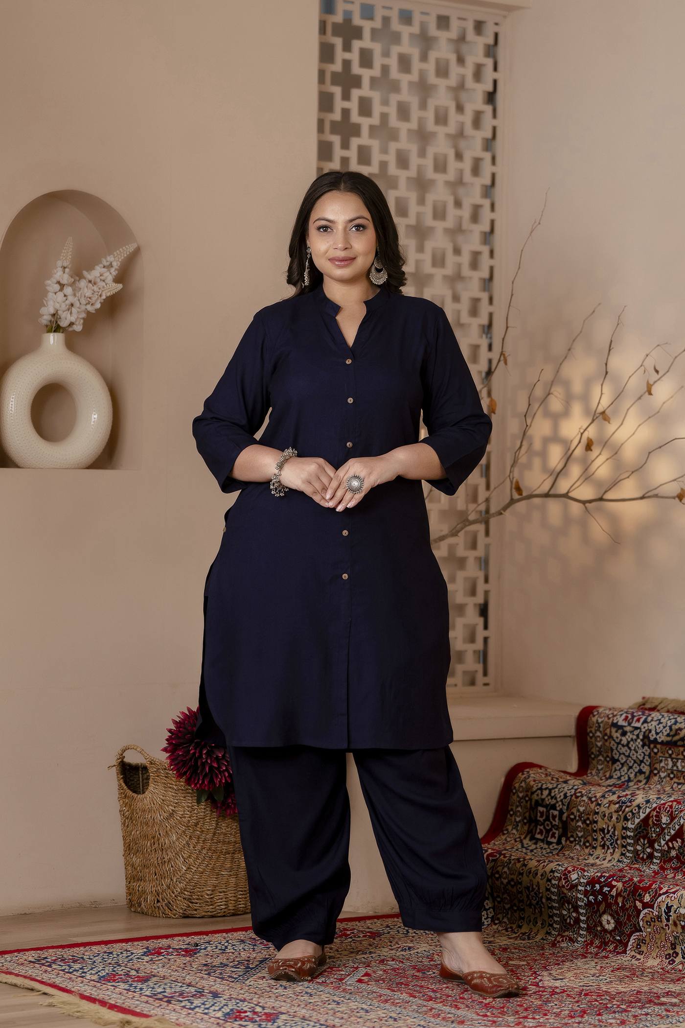 Shop Now Plus Size Midnight Blue Solid Co Ord Set - ADIRICHA