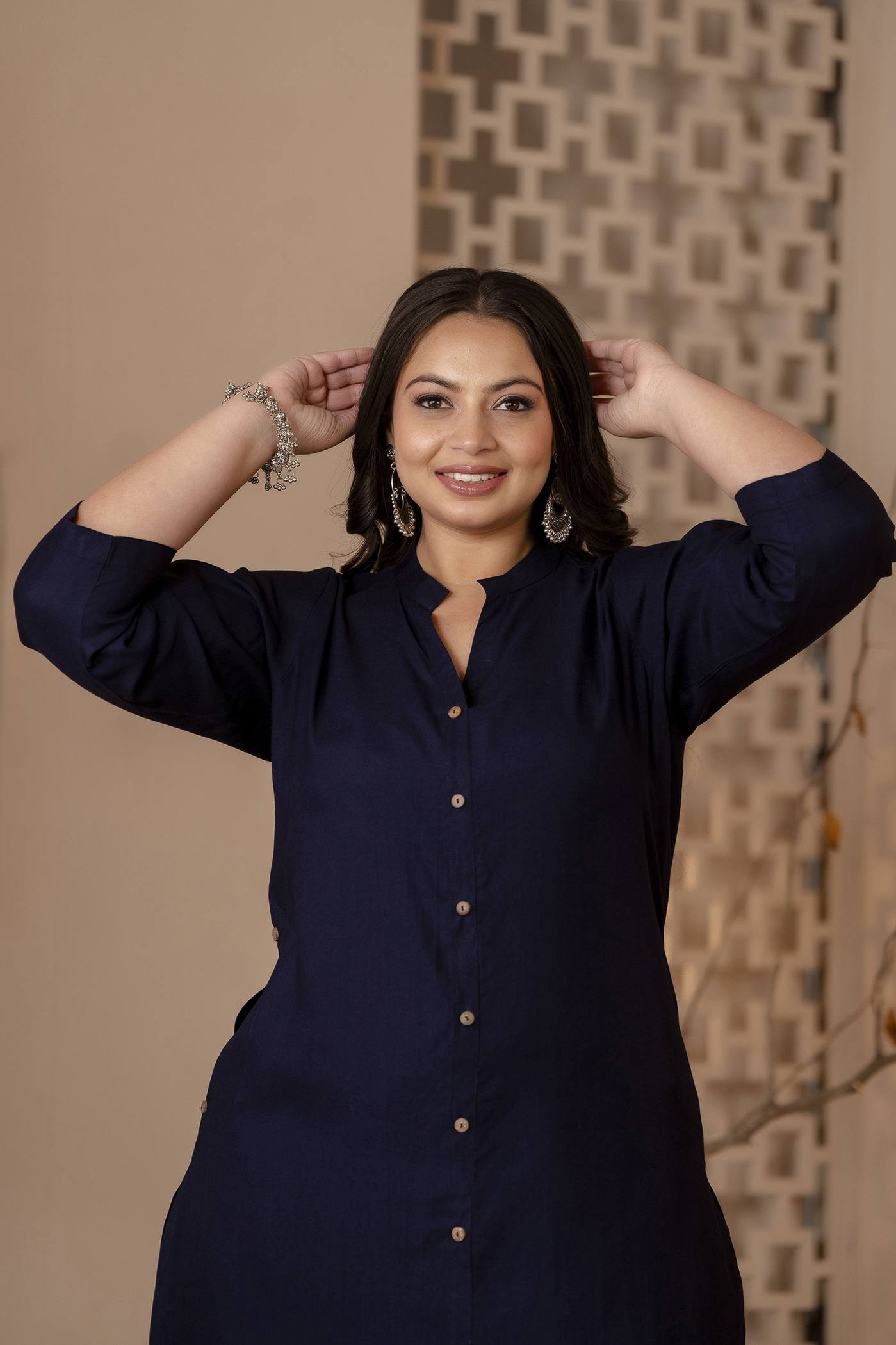 Shop Now Plus Size Midnight Blue Solid Co Ord Set - ADIRICHA