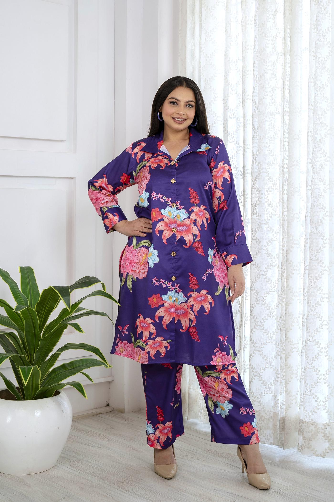 Shop Now Plus Size Purple Floral Coord Set - ADIRICHA