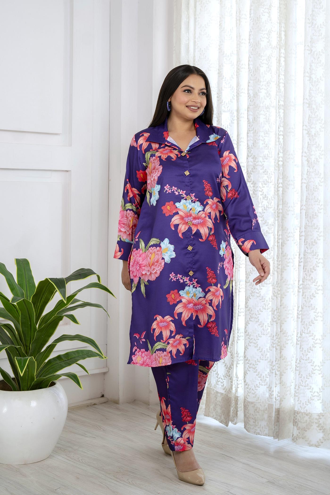 Shop Now Plus Size Purple Floral Coord Set - ADIRICHA