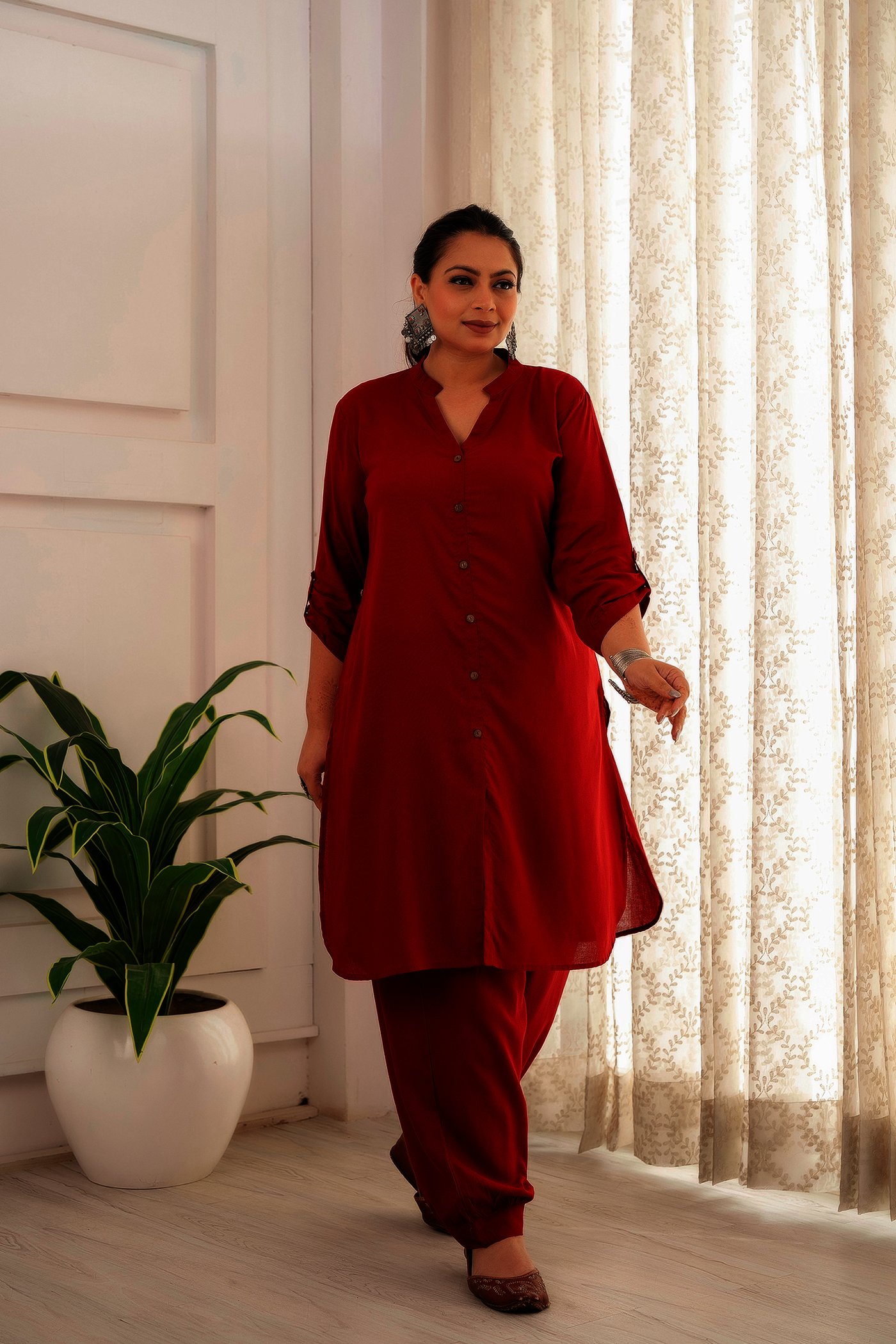 Shop Now Plus Size Maroon Pathani Co Ord Set - ADIRICHA