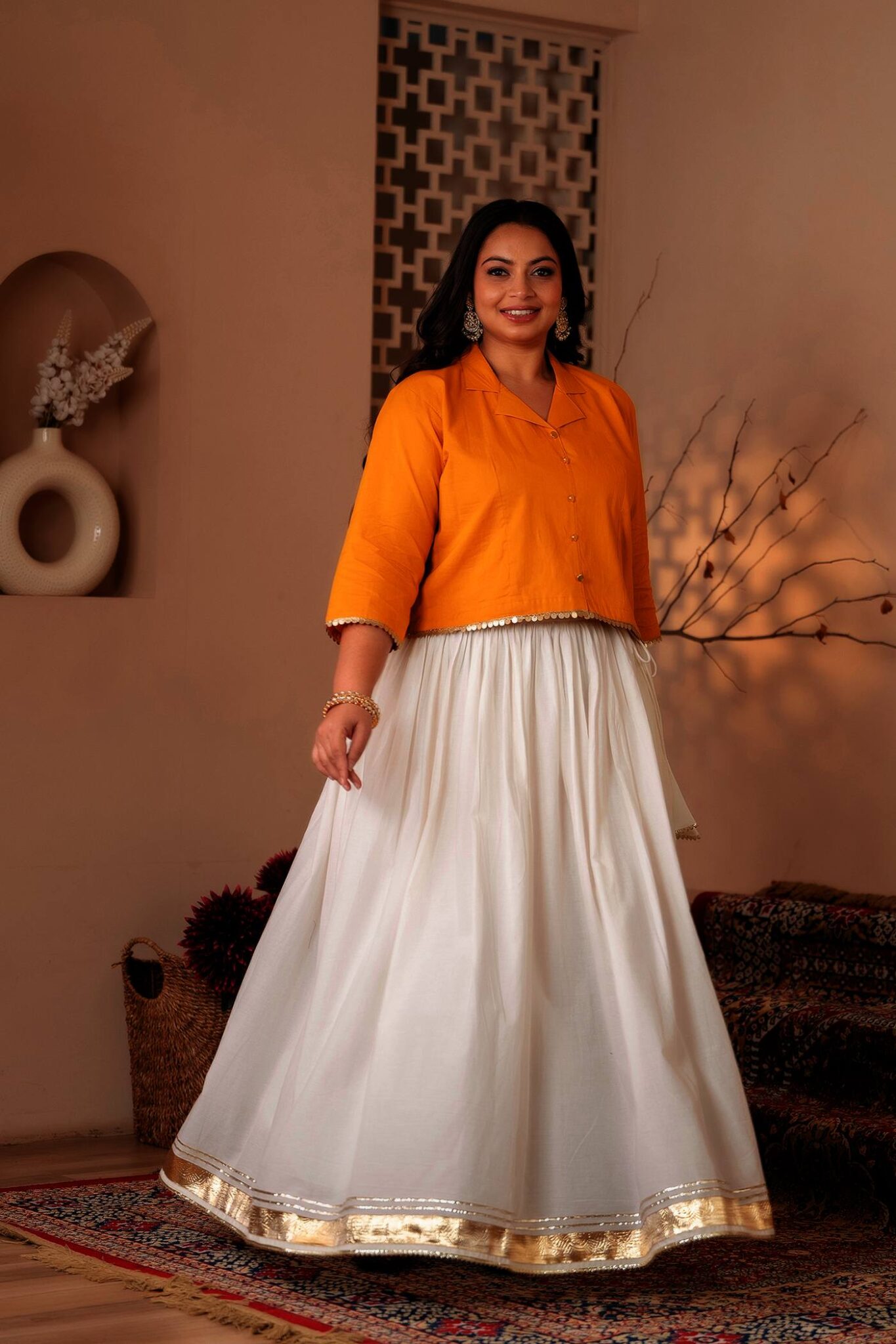 Shop Now Plus Size White Mustard Skirt Top Set - ADIRICHA