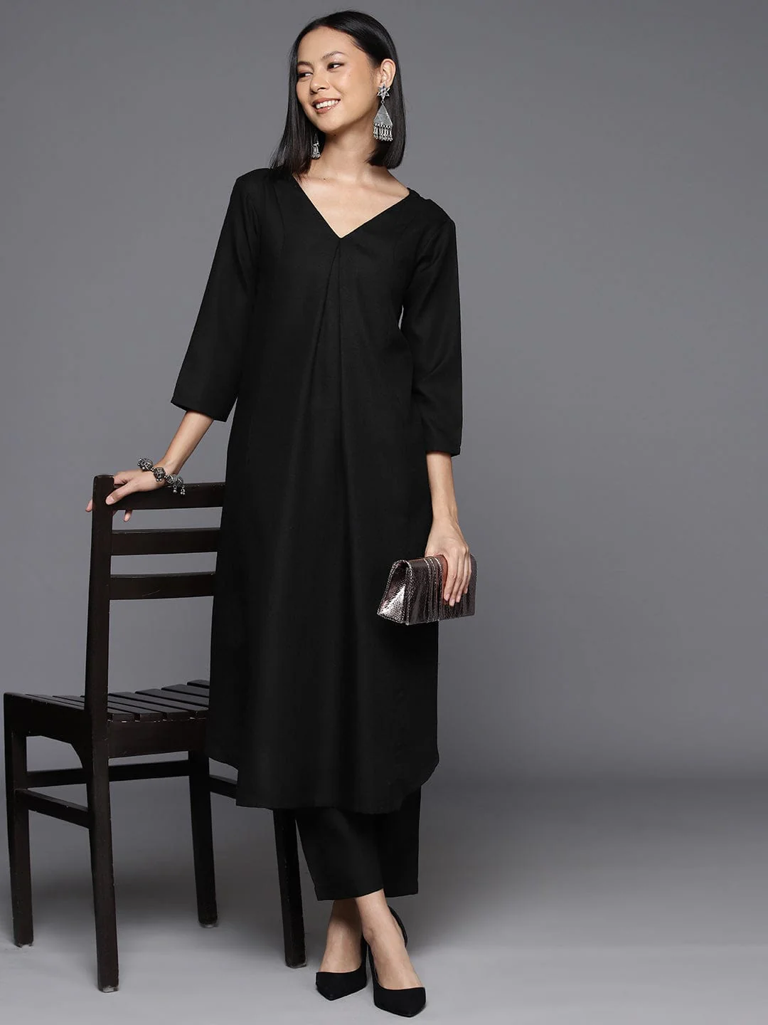 Women Black Solid A Line Tunic Paired With Tonal Bottom - ADIRICHA FASHION