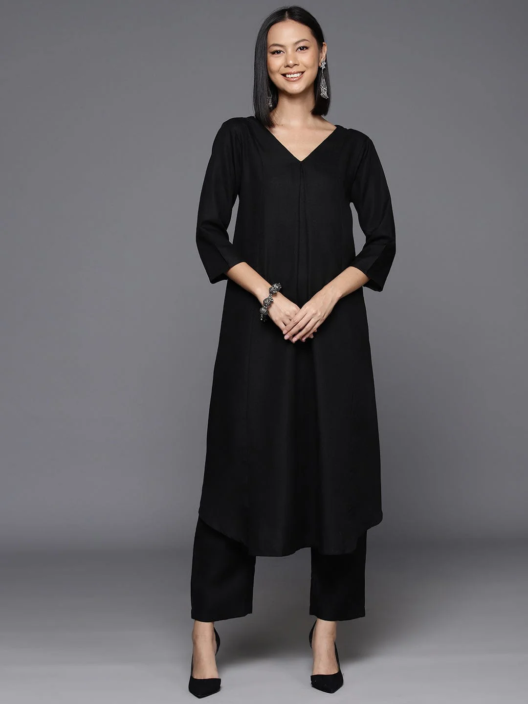 Women Black Solid A Line Tunic Paired With Tonal Bottom - ADIRICHA FASHION