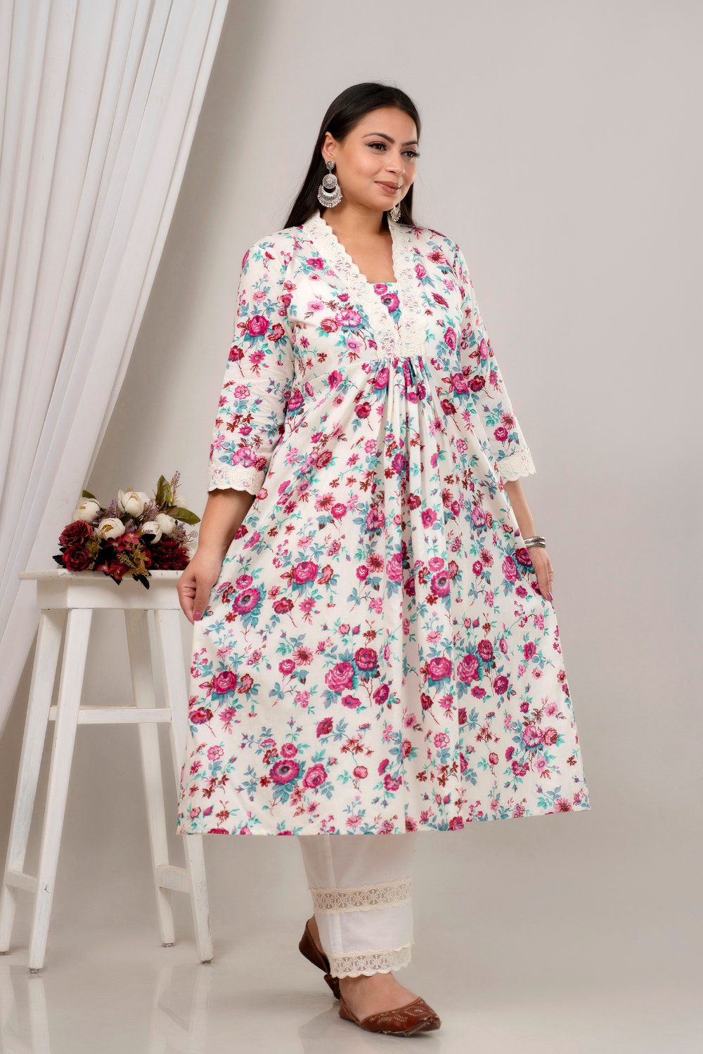 Pink Phool Kurta for Plus Sizes - ADIRICHA FASHION