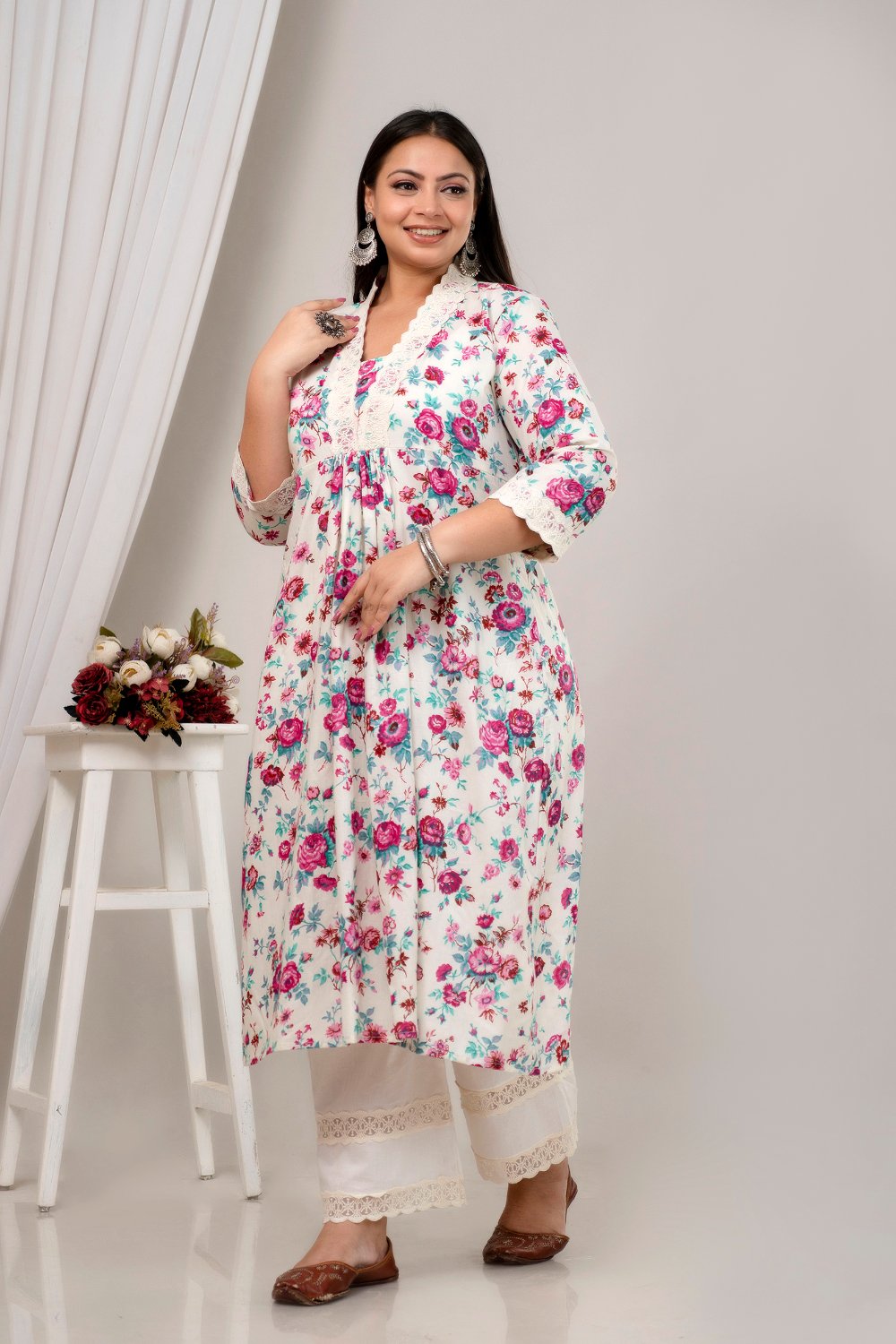 Pink Phool Kurta for Plus Sizes - ADIRICHA FASHION