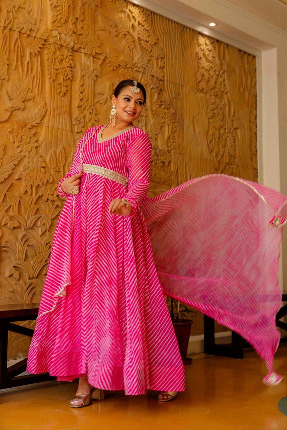 Shop Now Plus Size Pink Lehariya Anarkali Dress - ADIRICHA