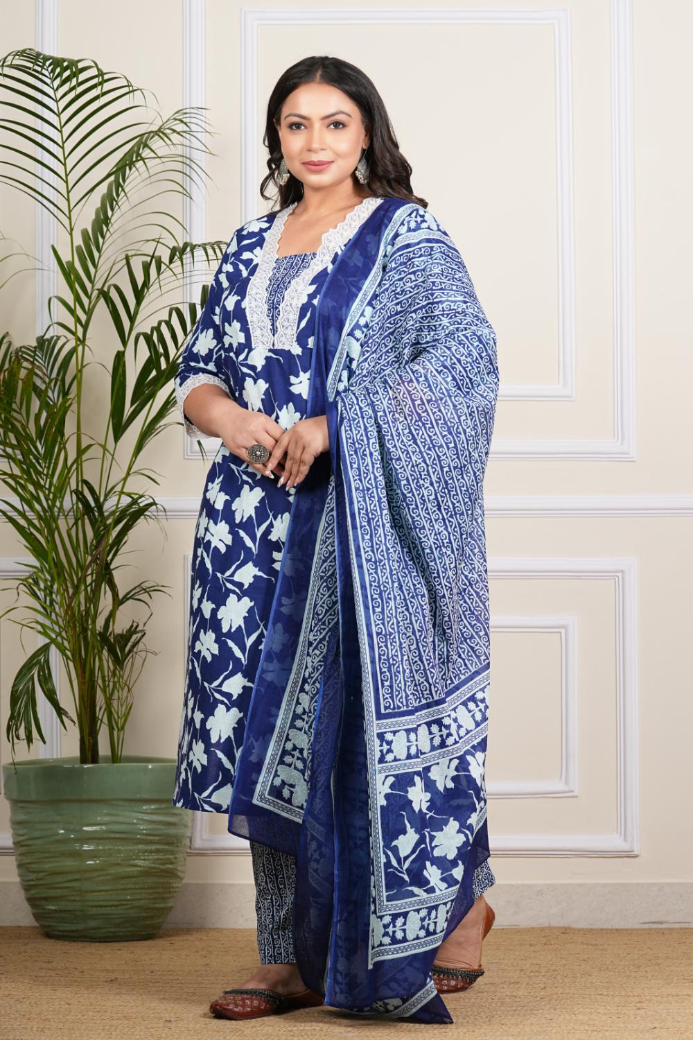 Shop Now Plus Size blue Floral Dupatta Set - ADIRICHA