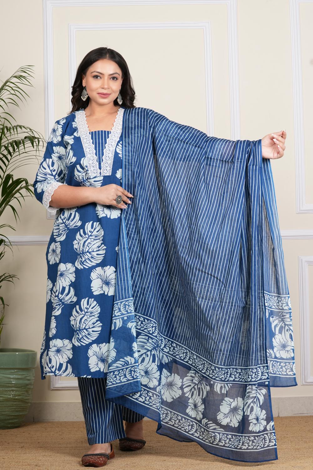 Shop Now Plus Size Blue Big Floral Dupatta Set - ADIRICHA