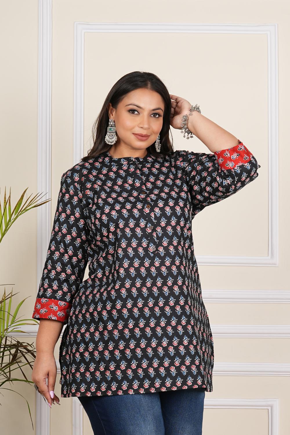 Shop Now Plus Size Black Butti Short Kurtis - ADIRICHA