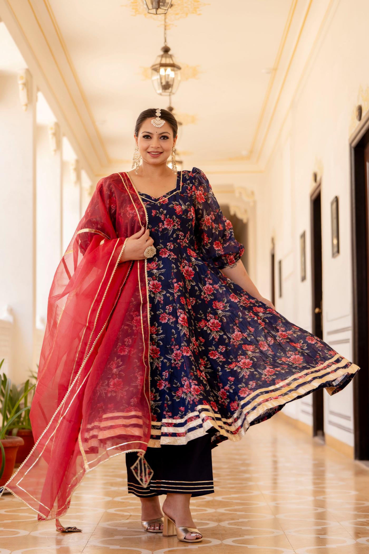 Shop Now Reshma Neela Red Phool Anarkali - ADIRICHA