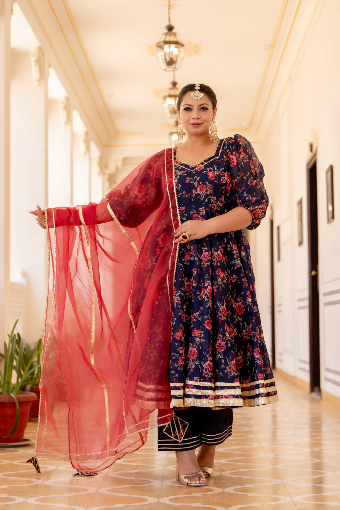 Shop Now Reshma Neela Red Phool Anarkali - ADIRICHA