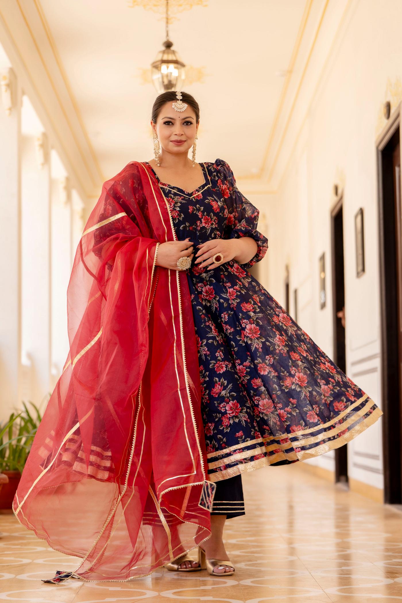 Shop Now Reshma Neela Red Phool Anarkali - ADIRICHA